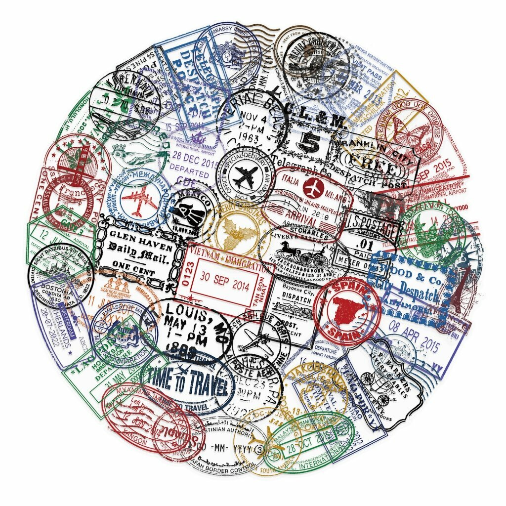 60 листов наклеек с ретро-почтовыми штемпелями, штампами, корешками билетов