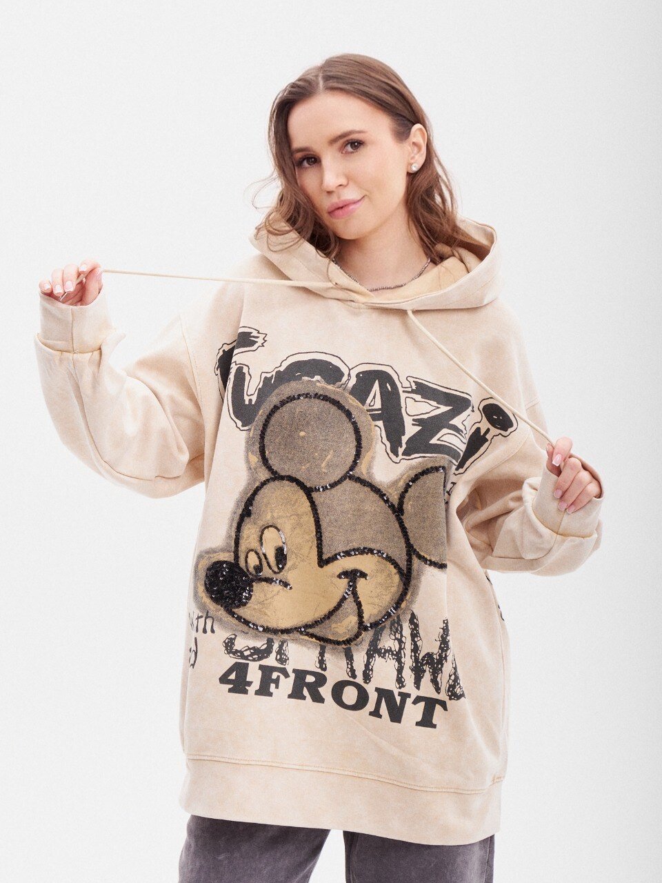 Свитшот  Женское худи oversize из хлопка с принтом Mickey Mouse и вышивкой пайетками (One Size 40–52)