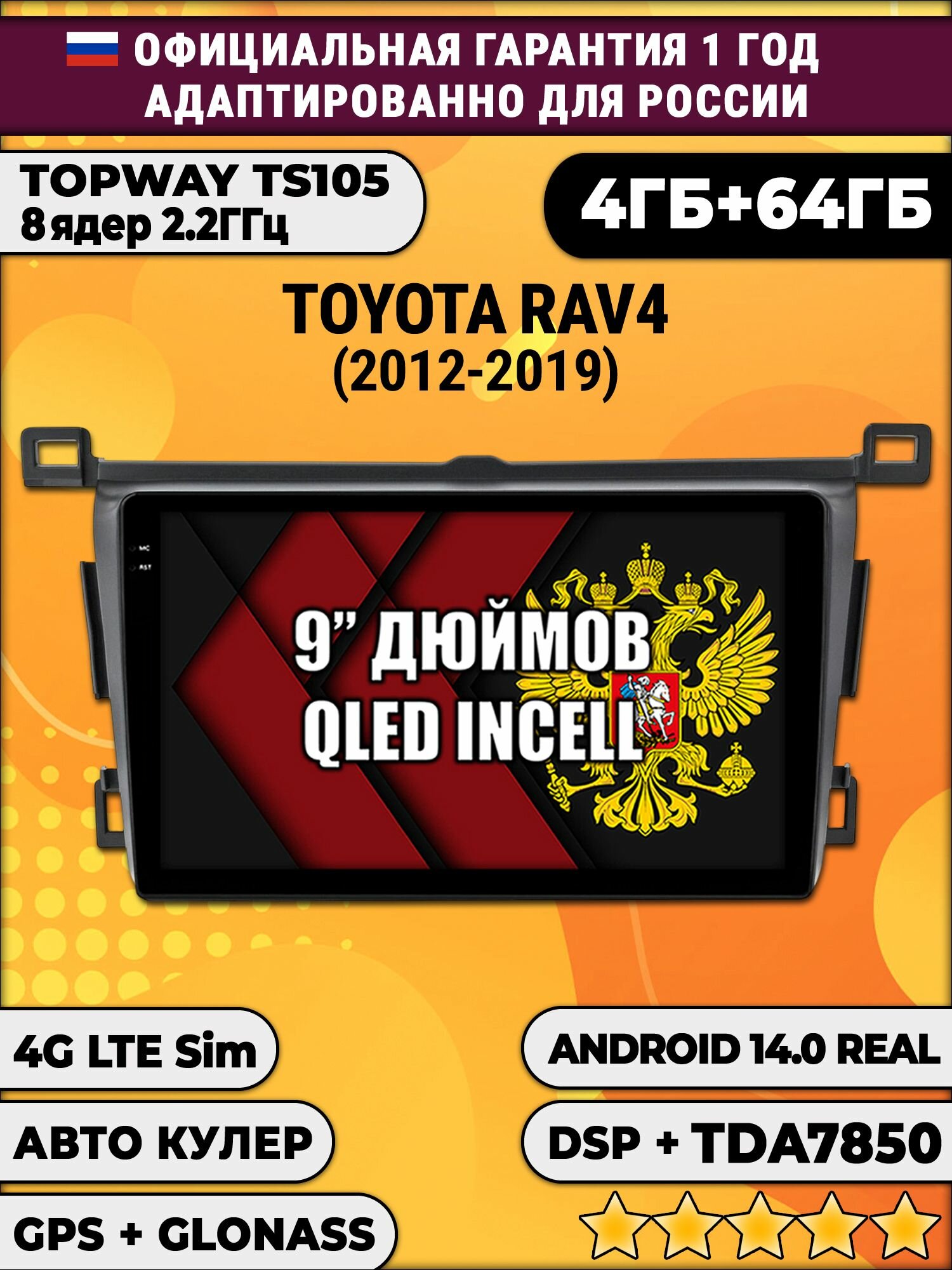 TS105 8 ядер, 4гб+64гб для TOYOTA RAV4 (2012 2013 2014 2015 2016 2017 2018 2019) Рав RAV-4, Android магнитола