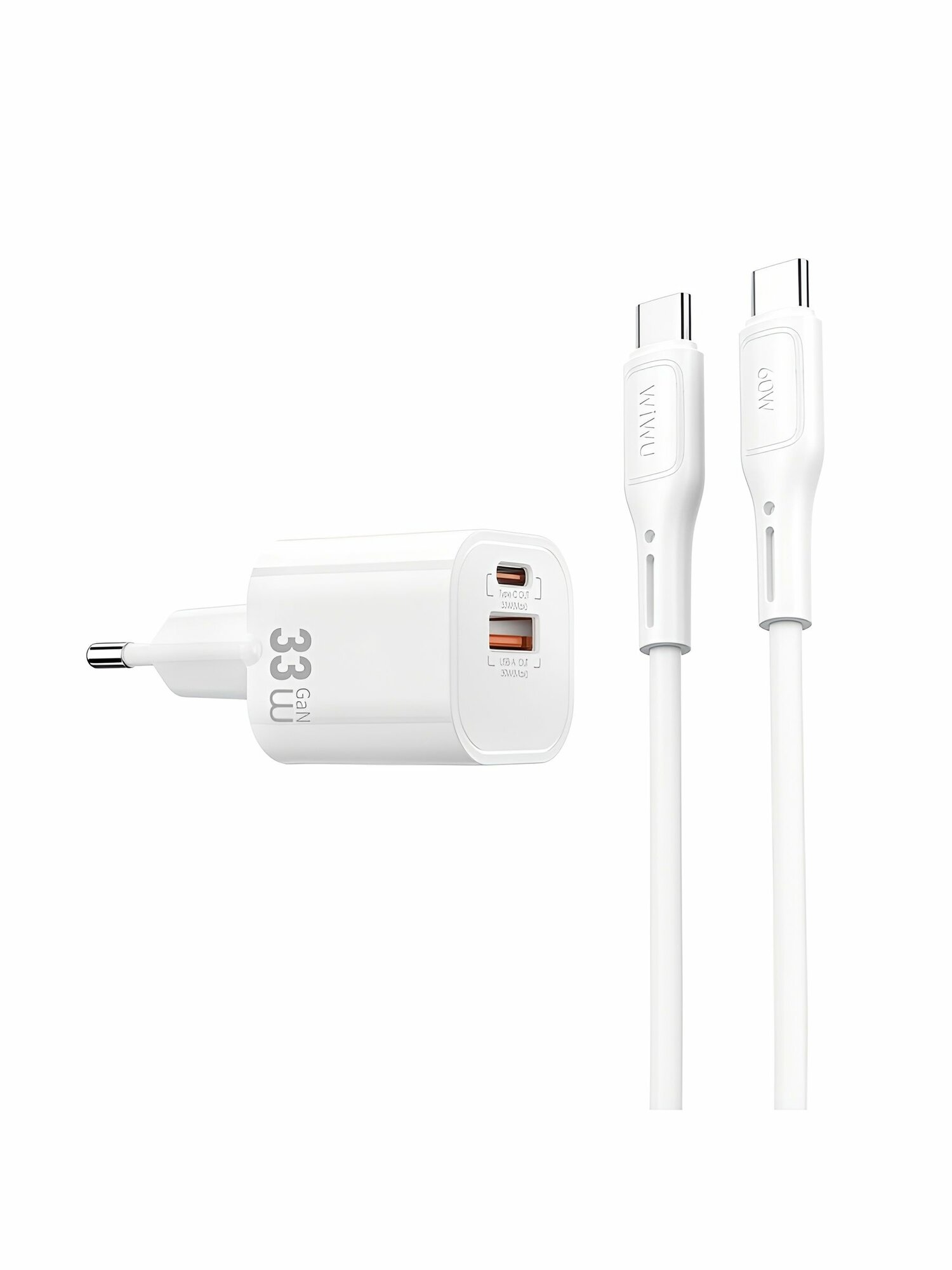 Сетевое зарядное устройство Wiwu 33W Cube GaN Fast Charger USB-A+USB-C EU, с кабелем USB-C-USB-C, быстрая зарядка