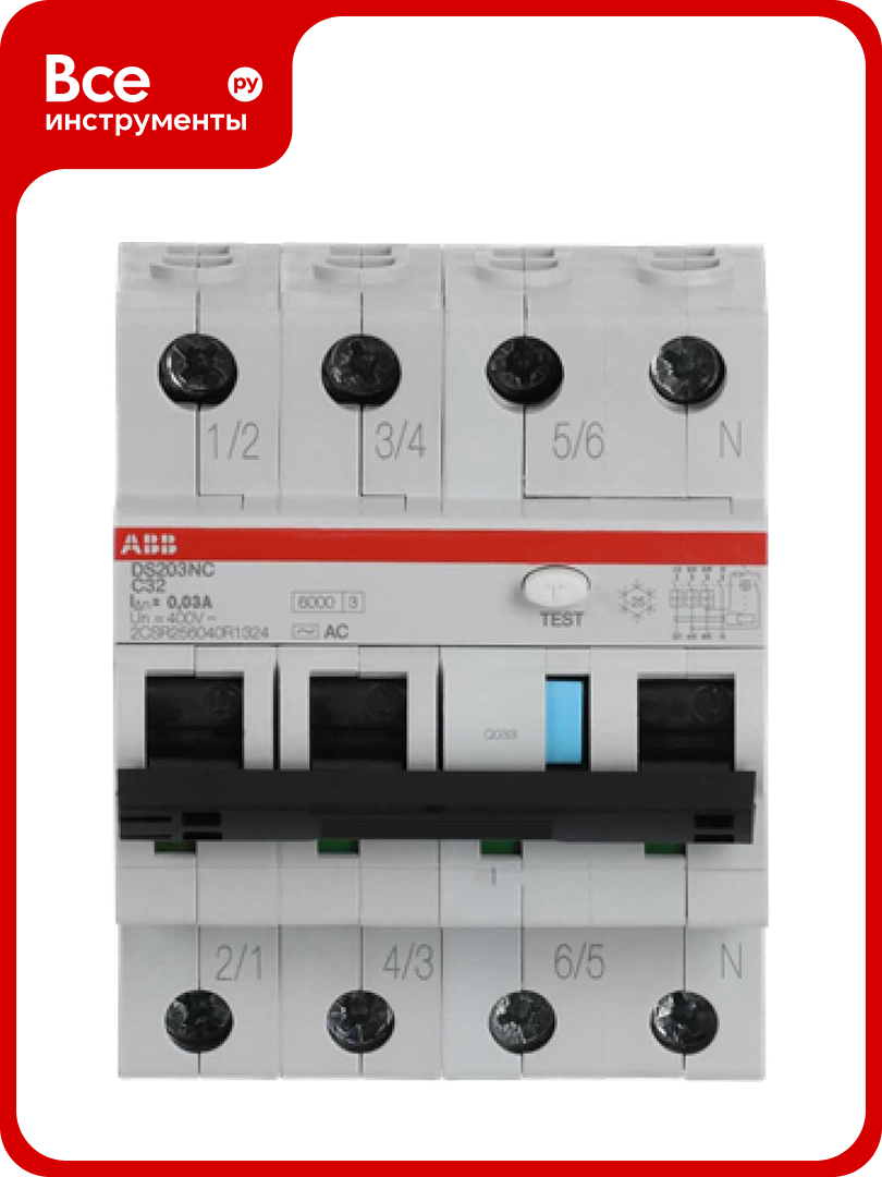 Автоматический выключатель дифференциального тока ABB DS203NC C32 AC30 2CSR256040R1324 модульный тип, четырехполюсный