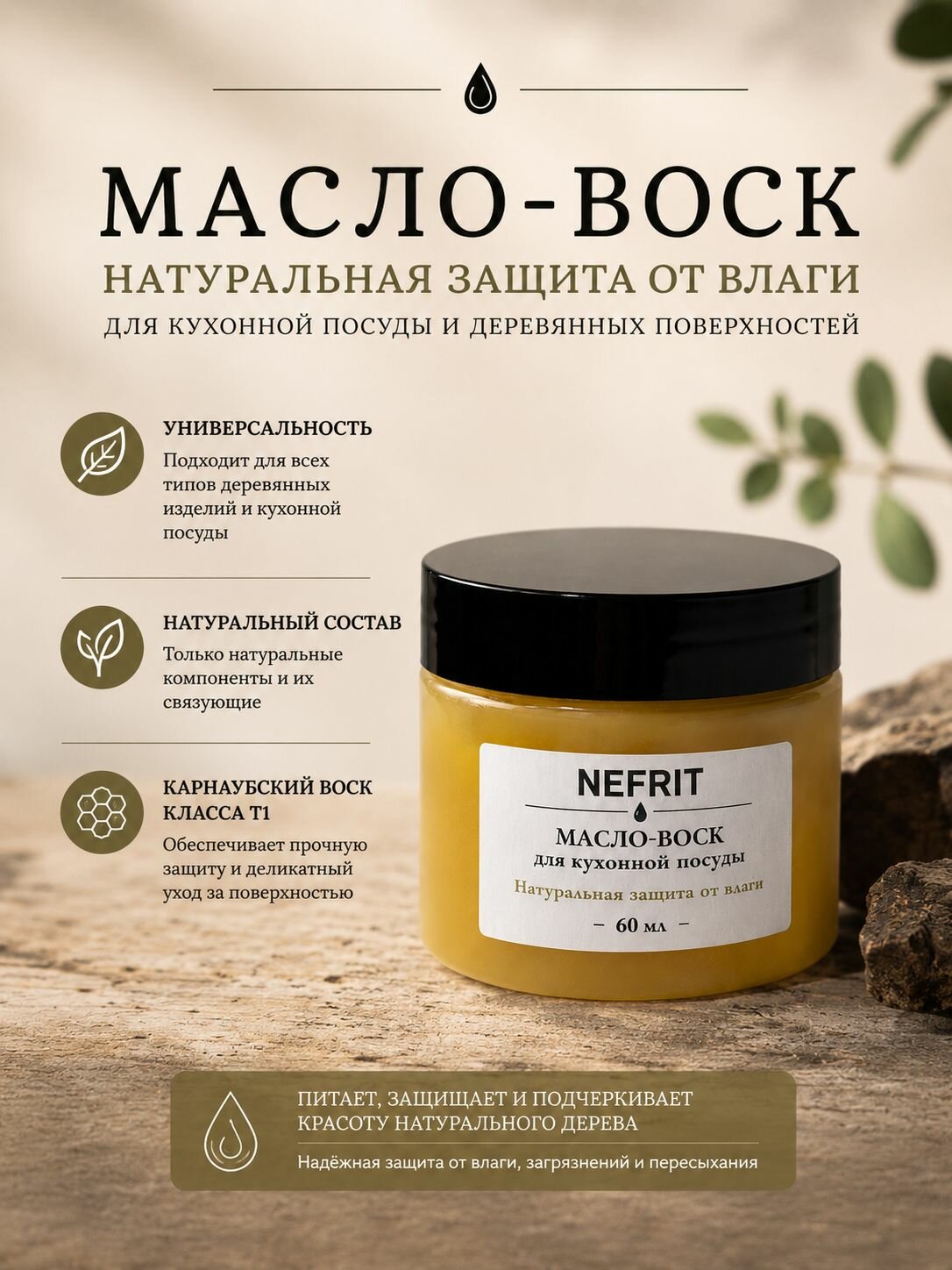 Масло-воск для деревянной посуды, 60 мл