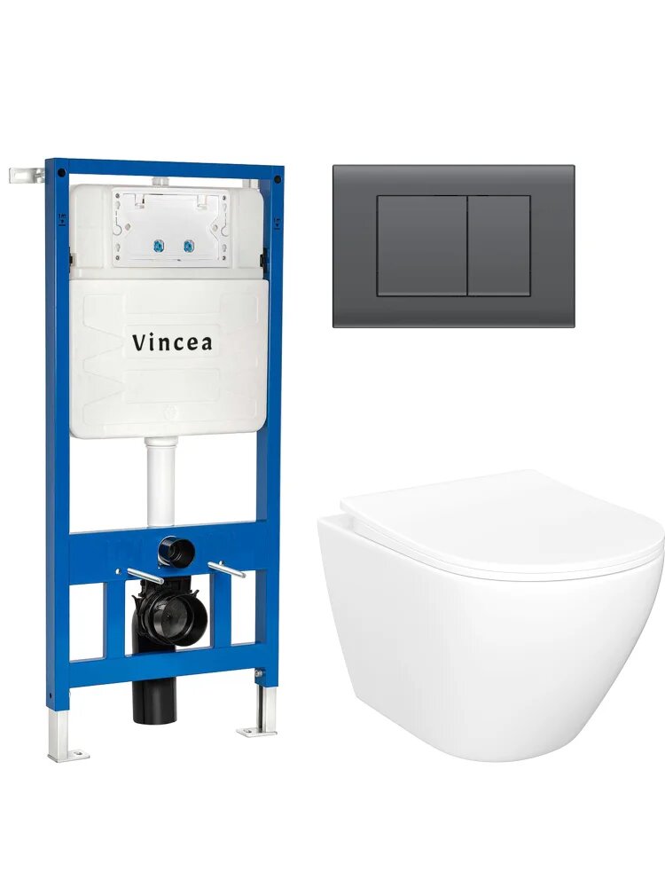 Комплект 4 в 1: Инсталляция Vincea VIS-601 / Унитаз подвесной STWORKI Кронборг S28401WH безободковый, с микролифтом / Кнопка VFP-001GM, вороненая сталь, Комплект креплений