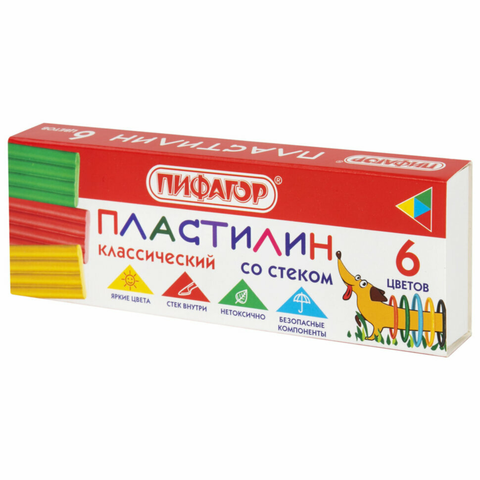 Пластилин классический пифагор "Веселая такса", 6 цветов, 90 г, со стеком, 106674, 106674