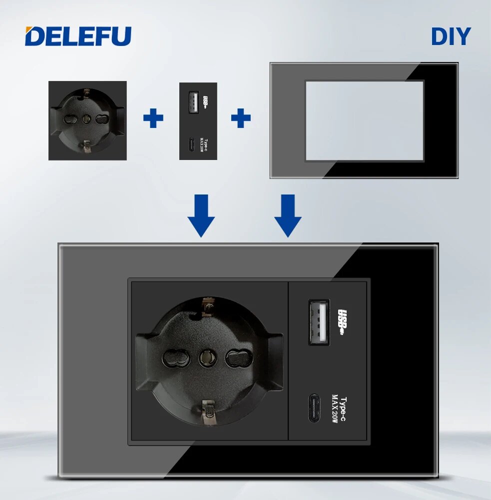 DELEFU Розетка с USB Type-C, 20W AC, черная