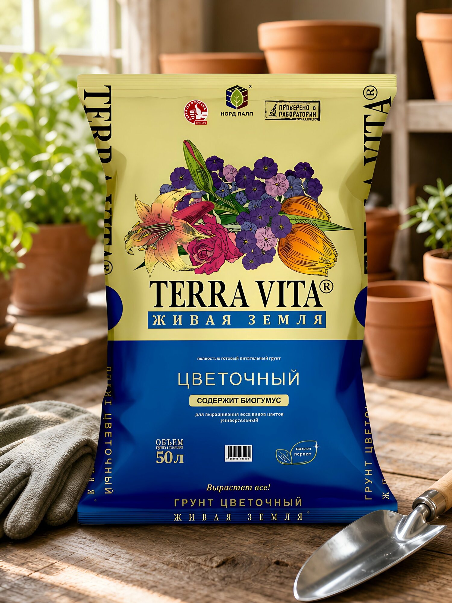 Грунт Живая земля Terra Vita для цветов 50 л — питательная почвосмесь для посадки и обогащения растений. Идеально для сада.