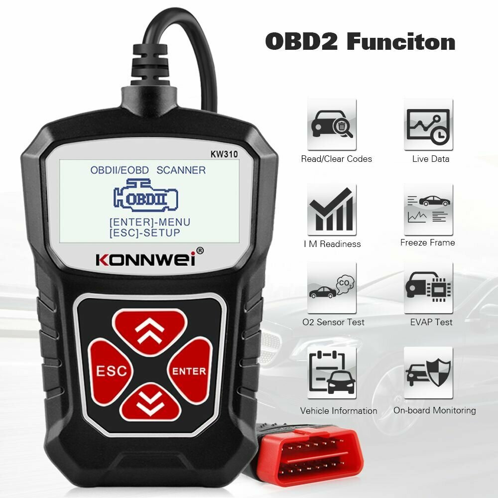 Диагностический сканер автомобиля OBD2 KONNWEI KW310 Русская версия (Семь языков)