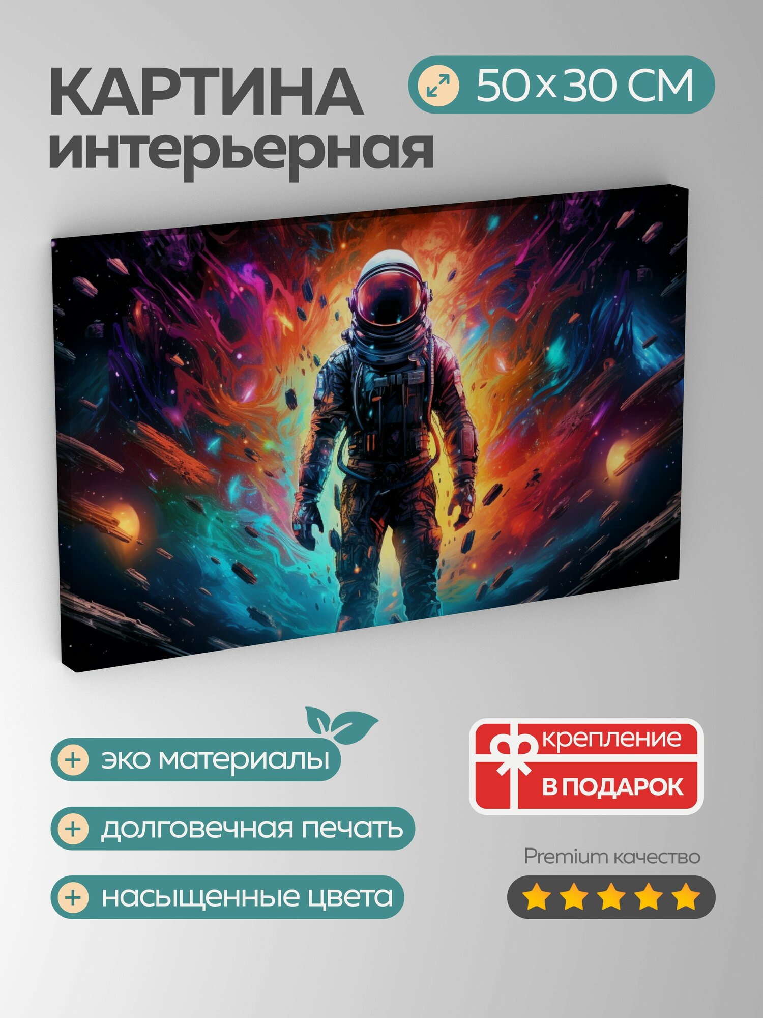 Картина на холсте интерьерная 50х30 см, эпическая, цифровая, картина, астронавт, бескрайние просторы, звезды, планеты