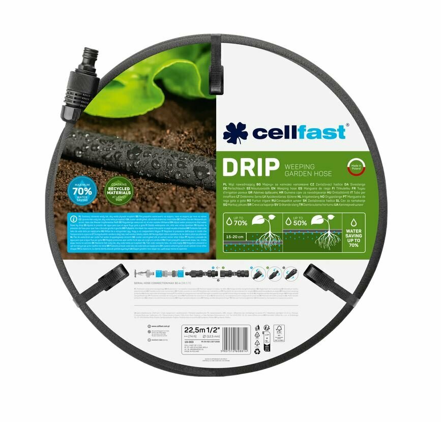 Шланг сочащийся CELLFAST "DRIP", диаметр: 1/2", длина: 22,5 м, максимальное давление: 3 Бар