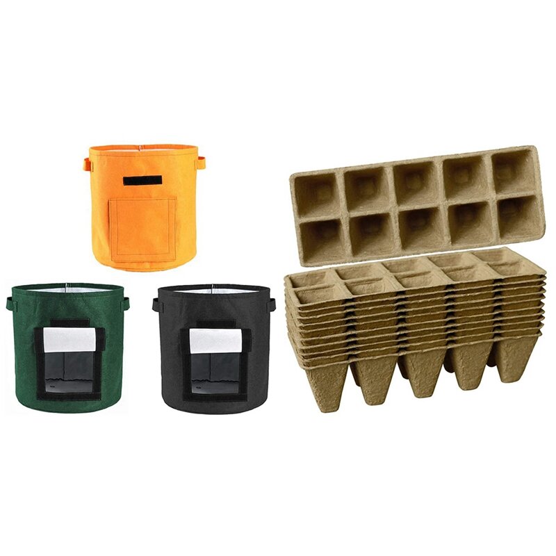 3x Grow Bag 15 галлонов контейнер для выращивания картофеля садовый мешок для рассады и 10 упаковок лотков для семян стартовый набор из 100 ячеек торфяных горшков