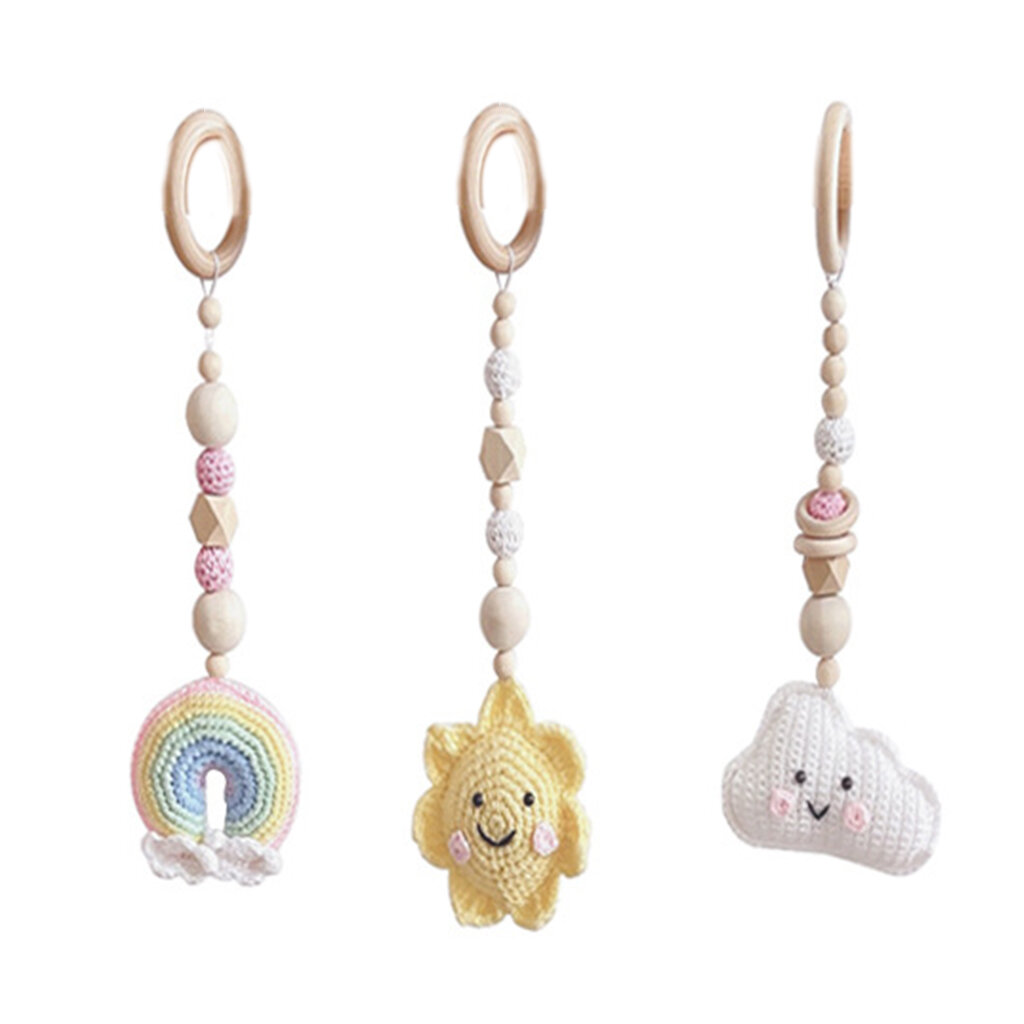 3 шт./комплект подвесок для детского игрового центра, связанные крючком, в виде солнечных облаков и радужных погремушек из дерева.