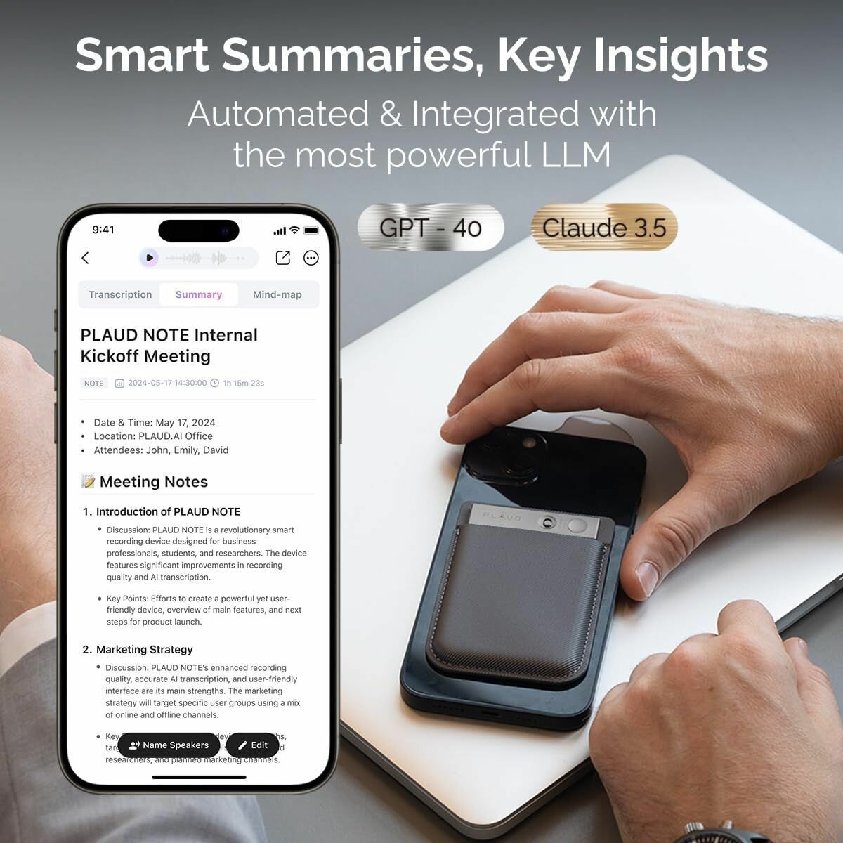 Диктофон AI, диктофон PLAUD Note (с футляром), управление приложениями, транскрипция и обобщение на базе ChatGPT, поддержка 59 языков, 64 ГБ ОЗУ