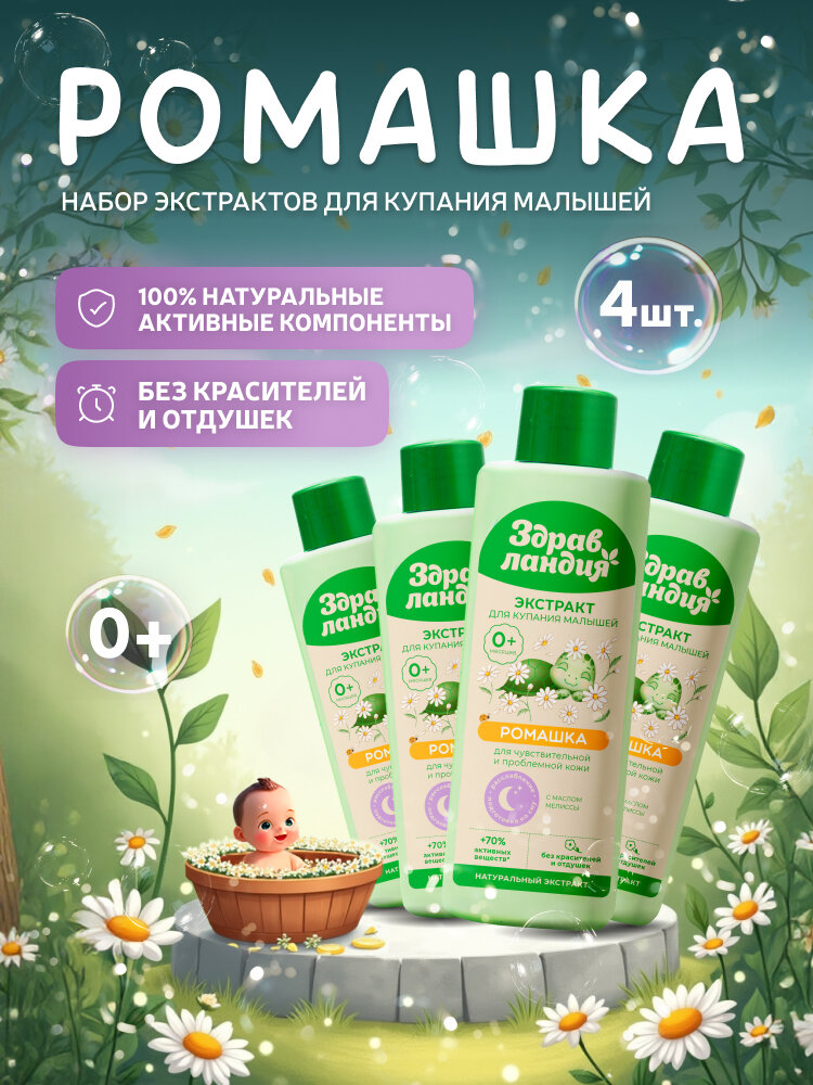 Набор для купания Страна Здравландия Ромашка, для малышей, гипоаллергенный, 4шт.