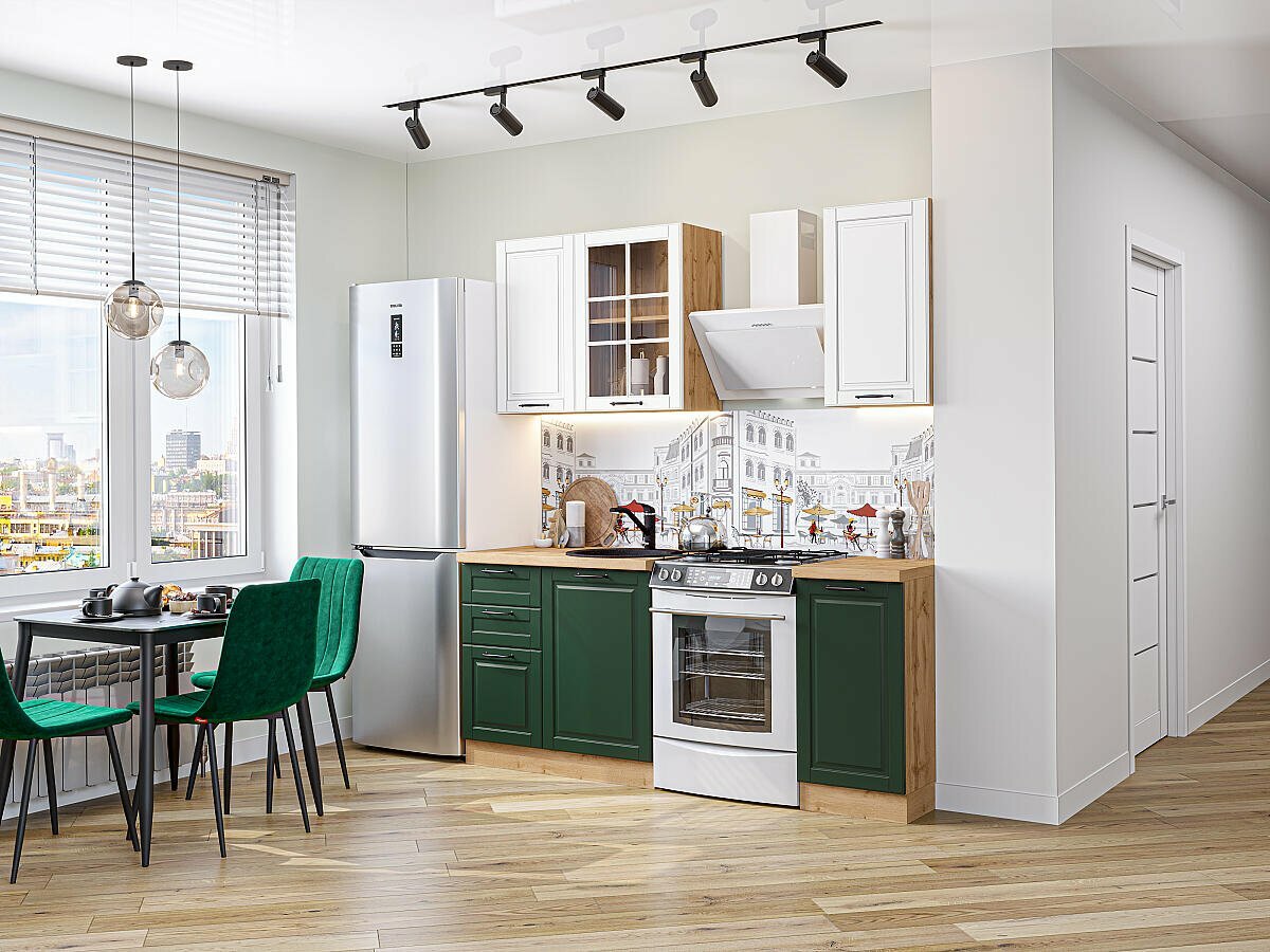 Кухня Дублин-04, цвет фасада Special White/Special Green, цвет каркаса Дуб Вотан, 2140*1300*600 мм