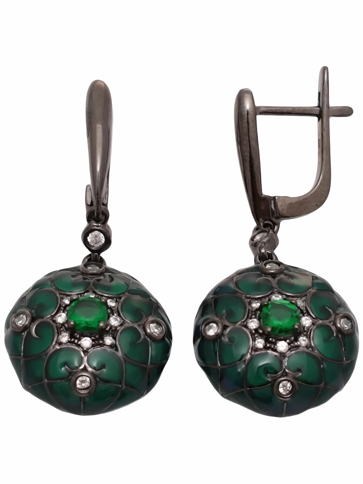 Серьги, серебро, 925 проба, родирование, изумруд синтетический, эмаль, фианит