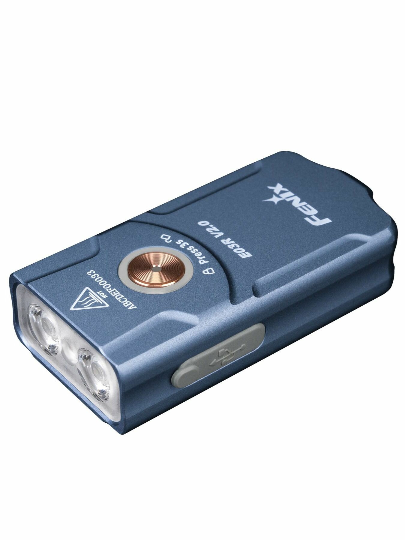 Фонарь Fenix E03R V2.0 голубой, 500 люмен, 90 метров, Type-C, светит белым и красным светом,