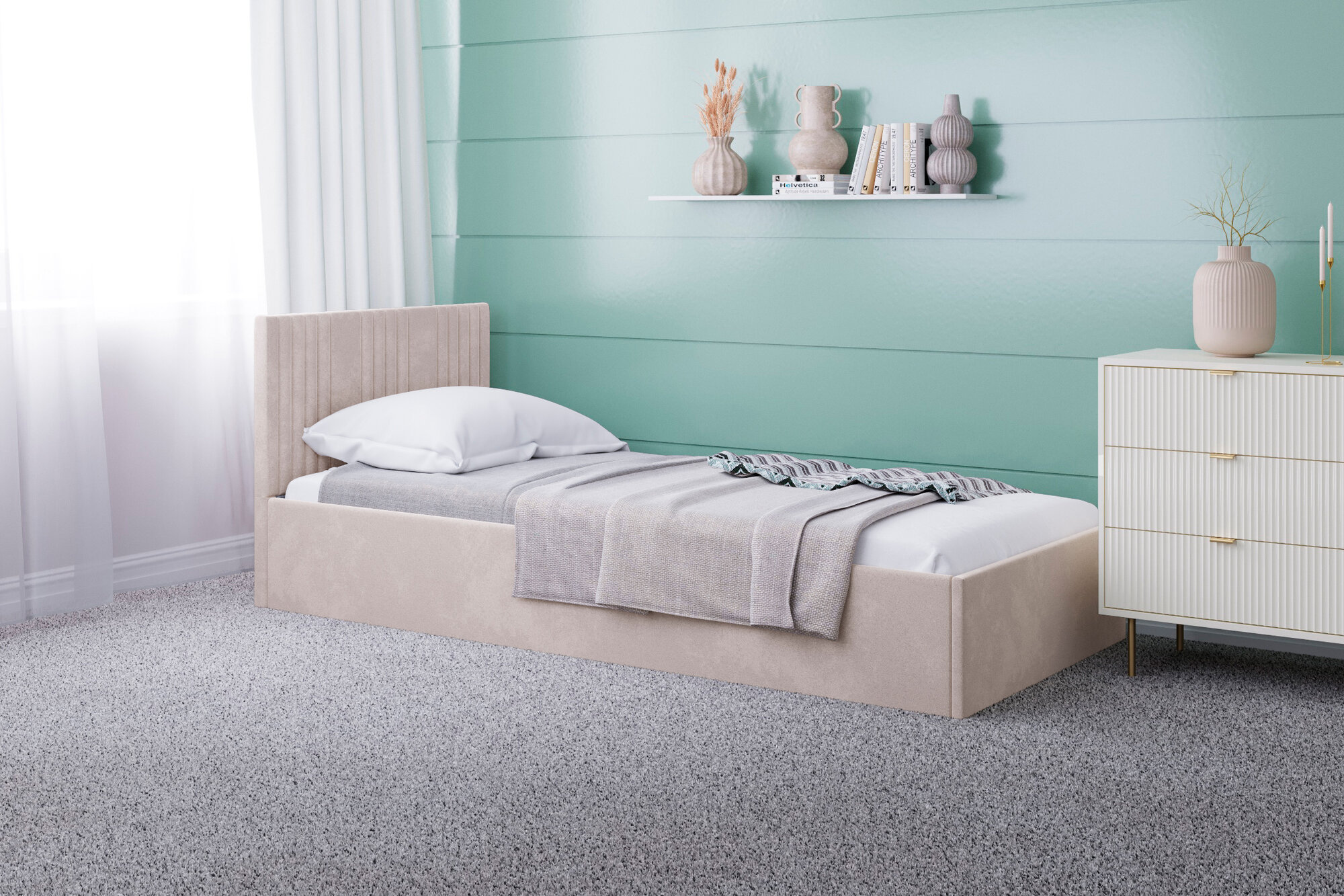 Кровать односпальная мягкая Нонтон Амелия, 90x200 см, ламели, подъемный механизм, велюр бежевый