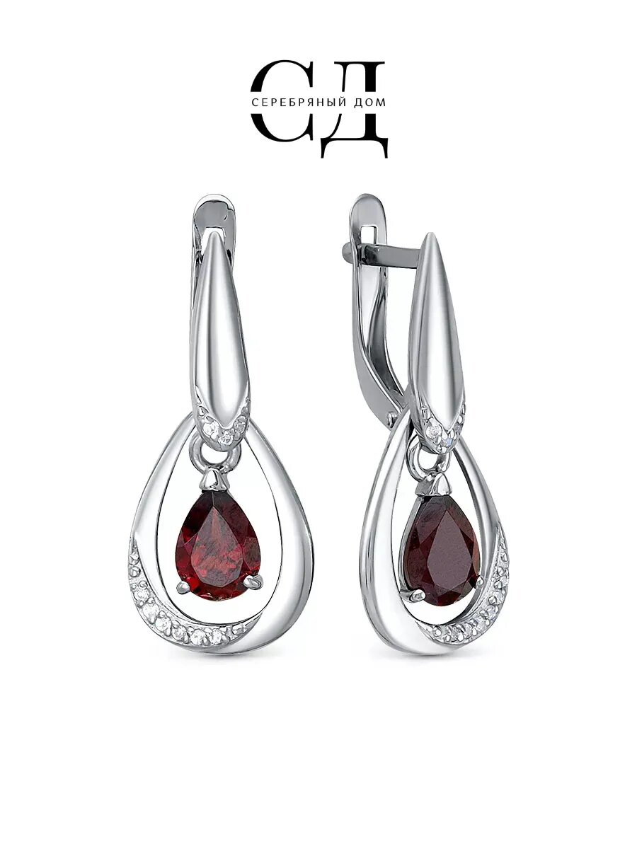 Серьги с подвесками, серебро, 925, 585 проба, родирование, фианит, гранат