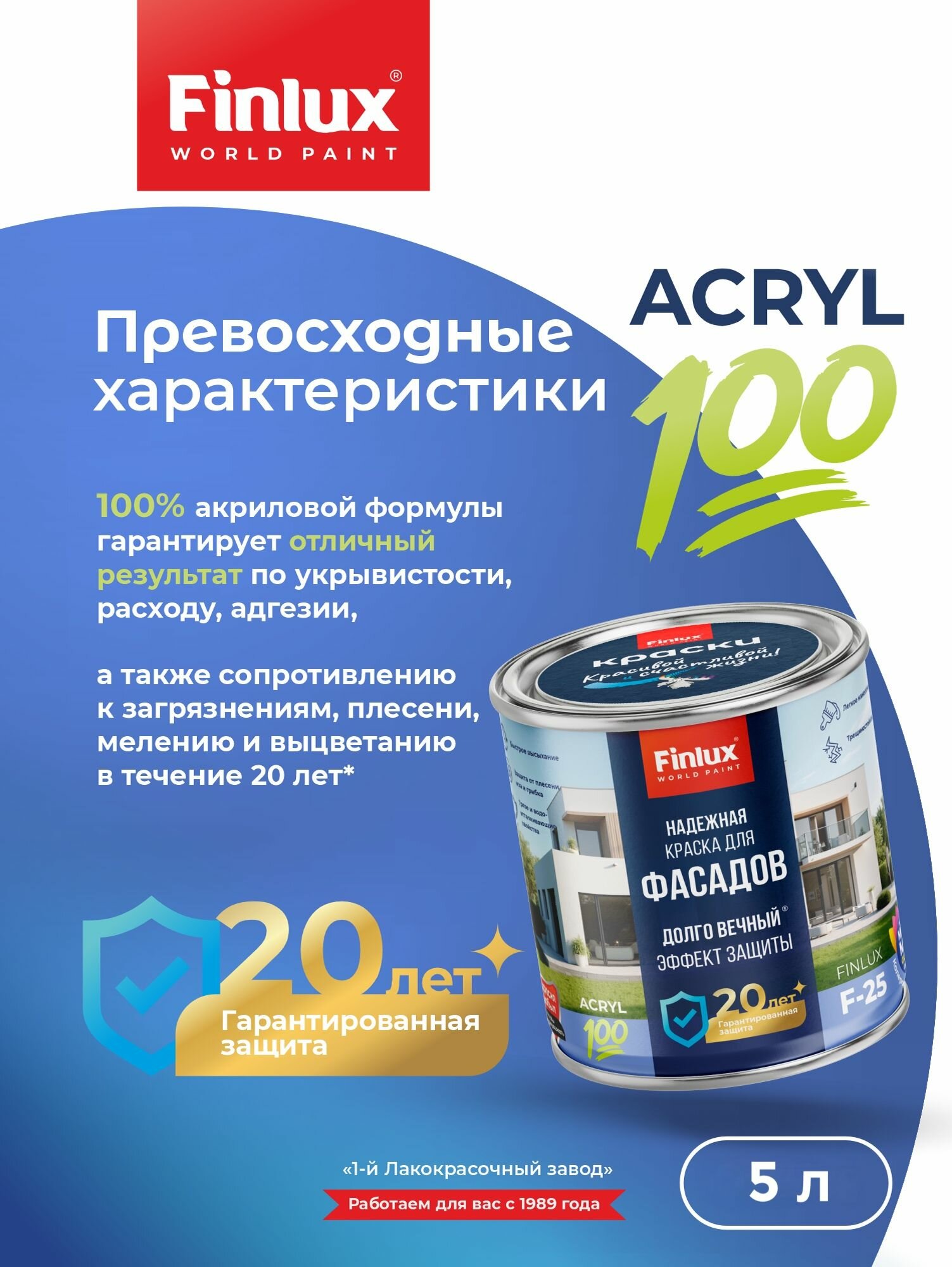 Акриловая краска для фасадов и интерьеров долговечный эффект защиты на срок до 20 лет Finlux F-25 (5 л, Красный)