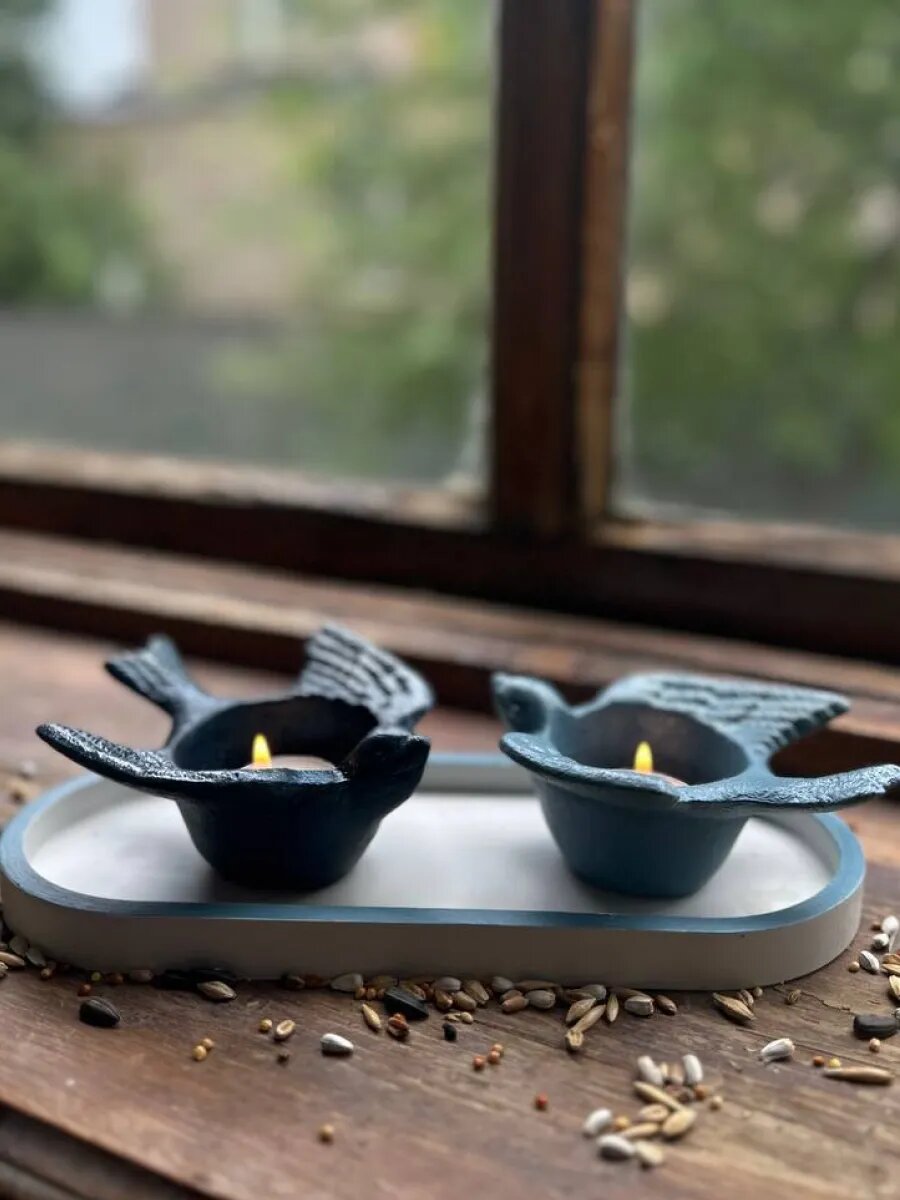 Декоративный набор две птички и подставка, гипс, ручная работа