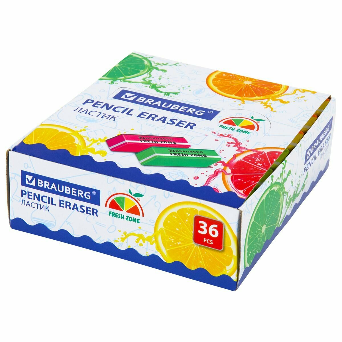 Ластик Brauberg Fresh Zone (большой прямоугольный, скошенный, 60х18х12мм, набор цветов) (228717), 36шт.