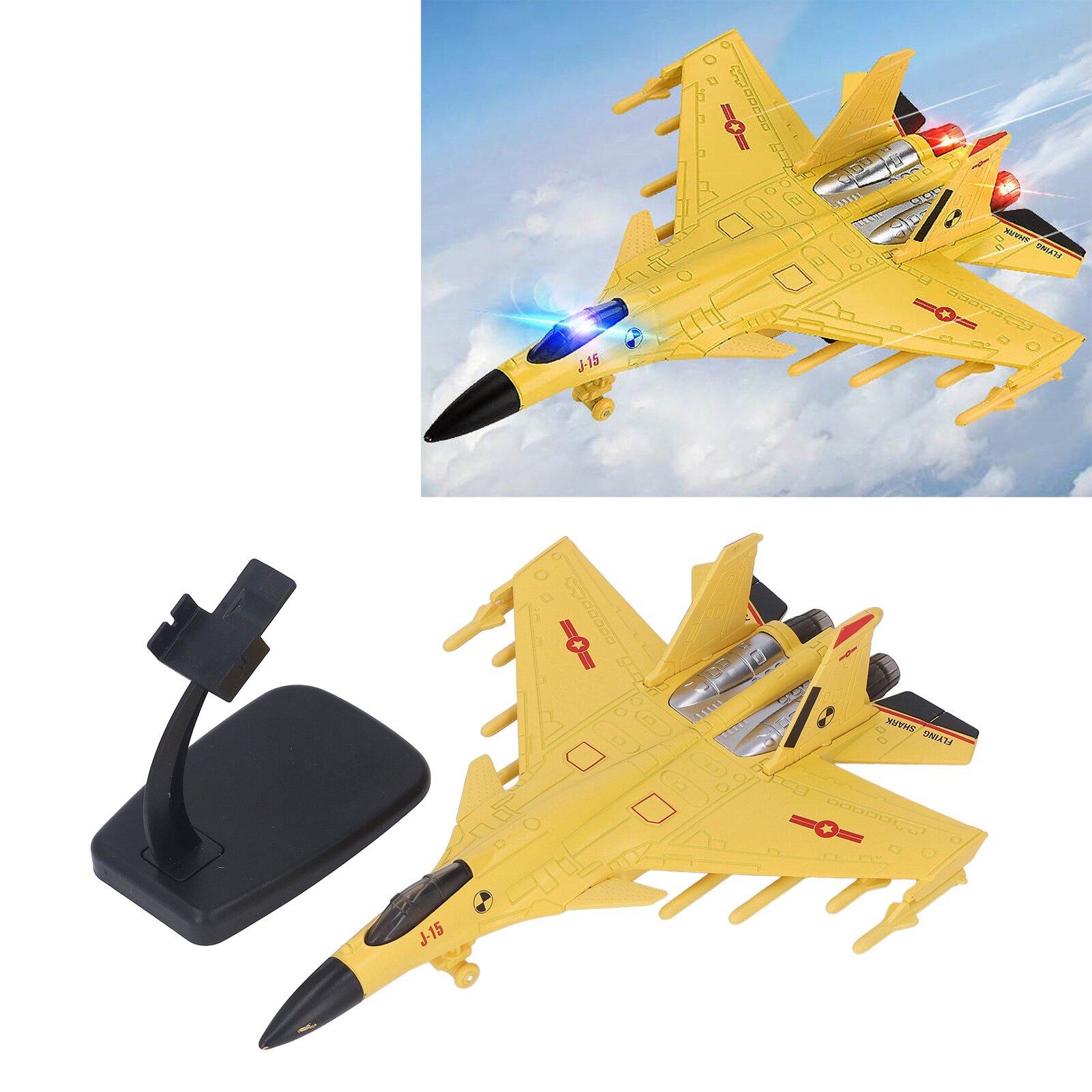 Модель истребителя с откатным механизмом, подставкой для отображения, звуком и светом, из сплава, для мальчиков, детей, желтый, 1 шт, материалы: сплав, батарейки: 3 x AG13 (встроенные), емкость батареи: 160MAH, комплект: 1 модель самолета из сплава, 2