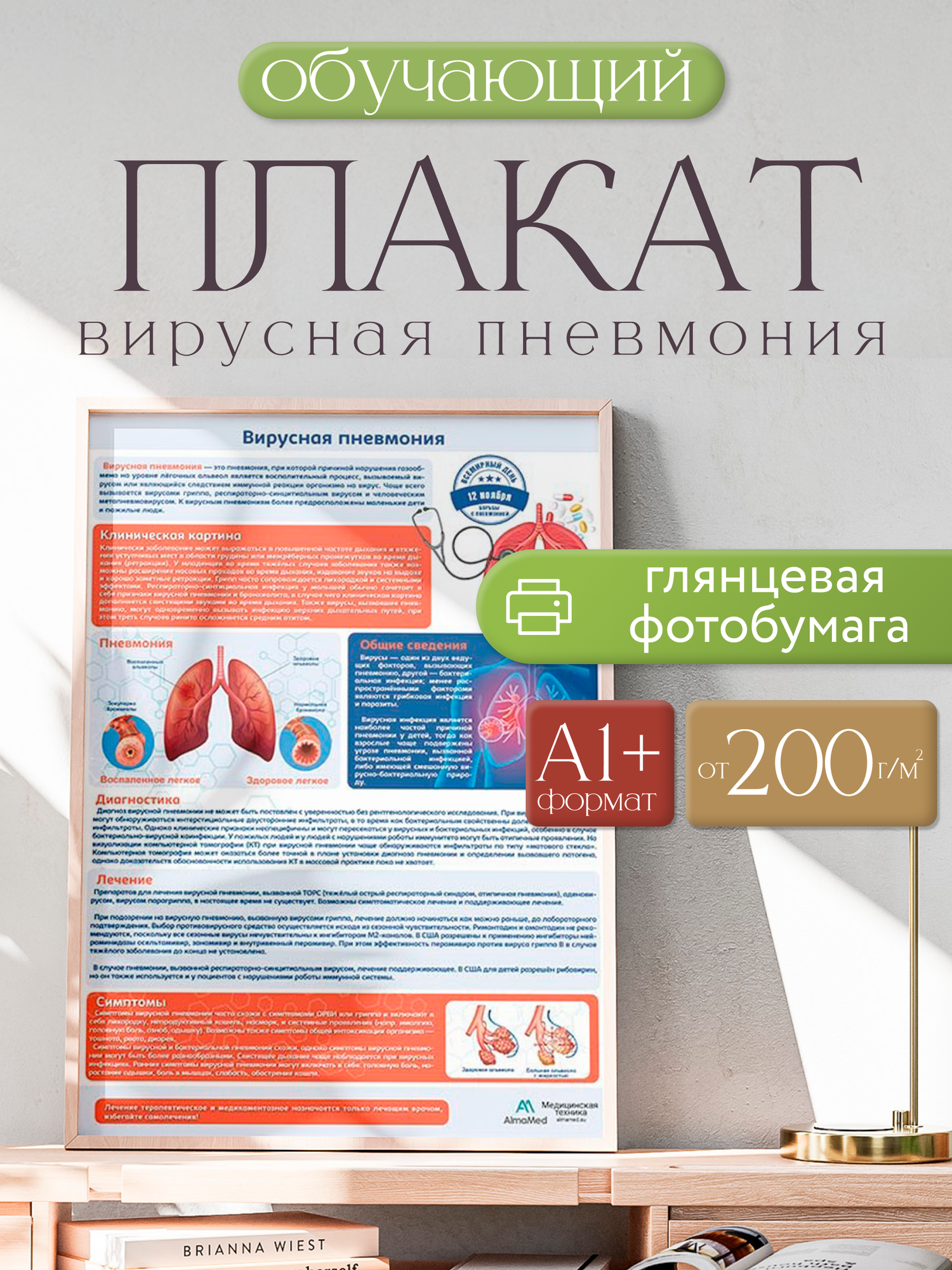 Вирусная пневмония медицинский плакат глянцевая фотобумага от 200 г/кв. м, размер A1+
