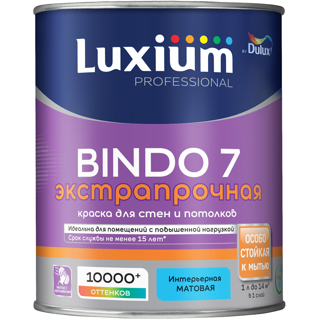 LUXIUM (DULUX) BINDO 7 экстрапрочная краска для стен и потолков, матовая, база BW (1л)
