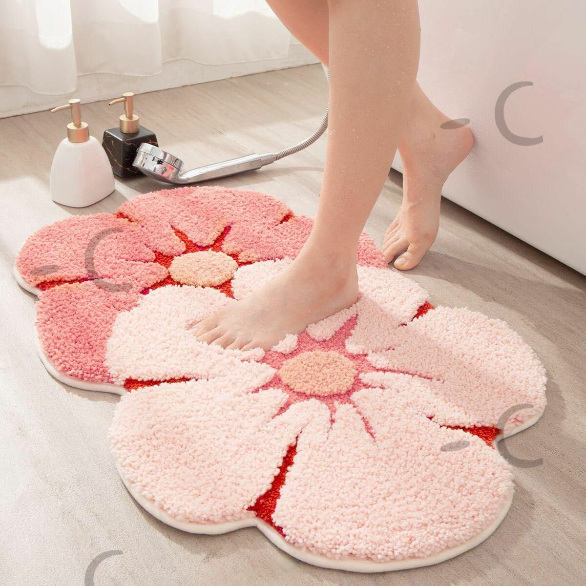 Коврик нескользящий в ванну, DEXI, супер мягкий, коврик в ванную комнату, быстро впитывать воду, форма цветка, розовый, ТПР дно Apodiwen