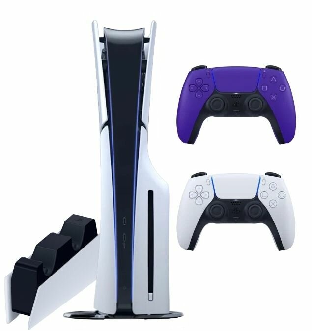 Игровая приставка Sony PlayStation 5 Slim с дисководом + 2й фиолетовый геймпад и зарядная станция
