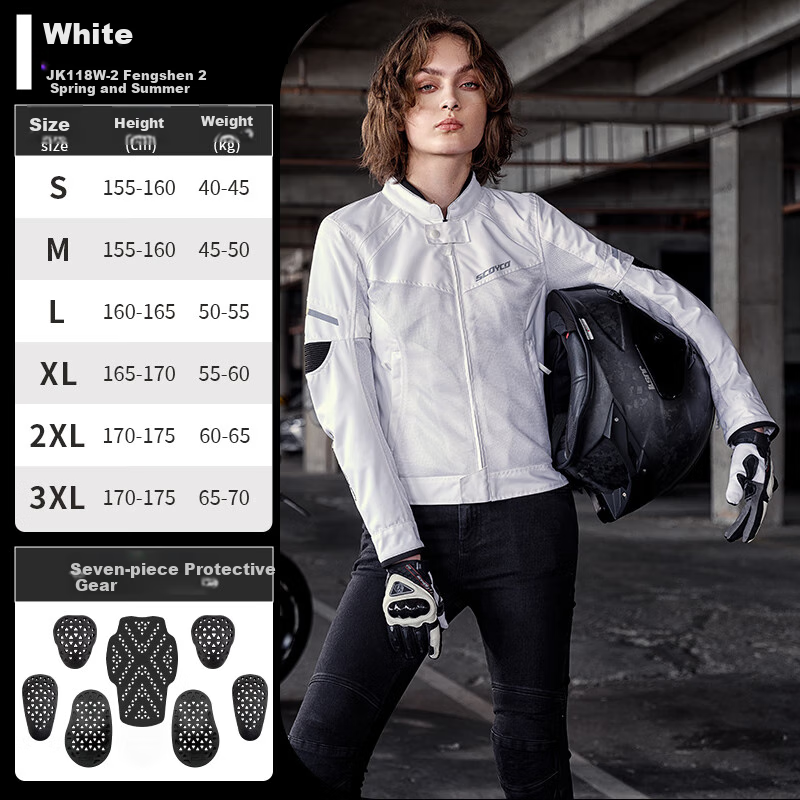 SCOYCO Motorcycle Riding Suit Summer JK118W-2 (White) Seven-Piece CE Protective Gear Set S