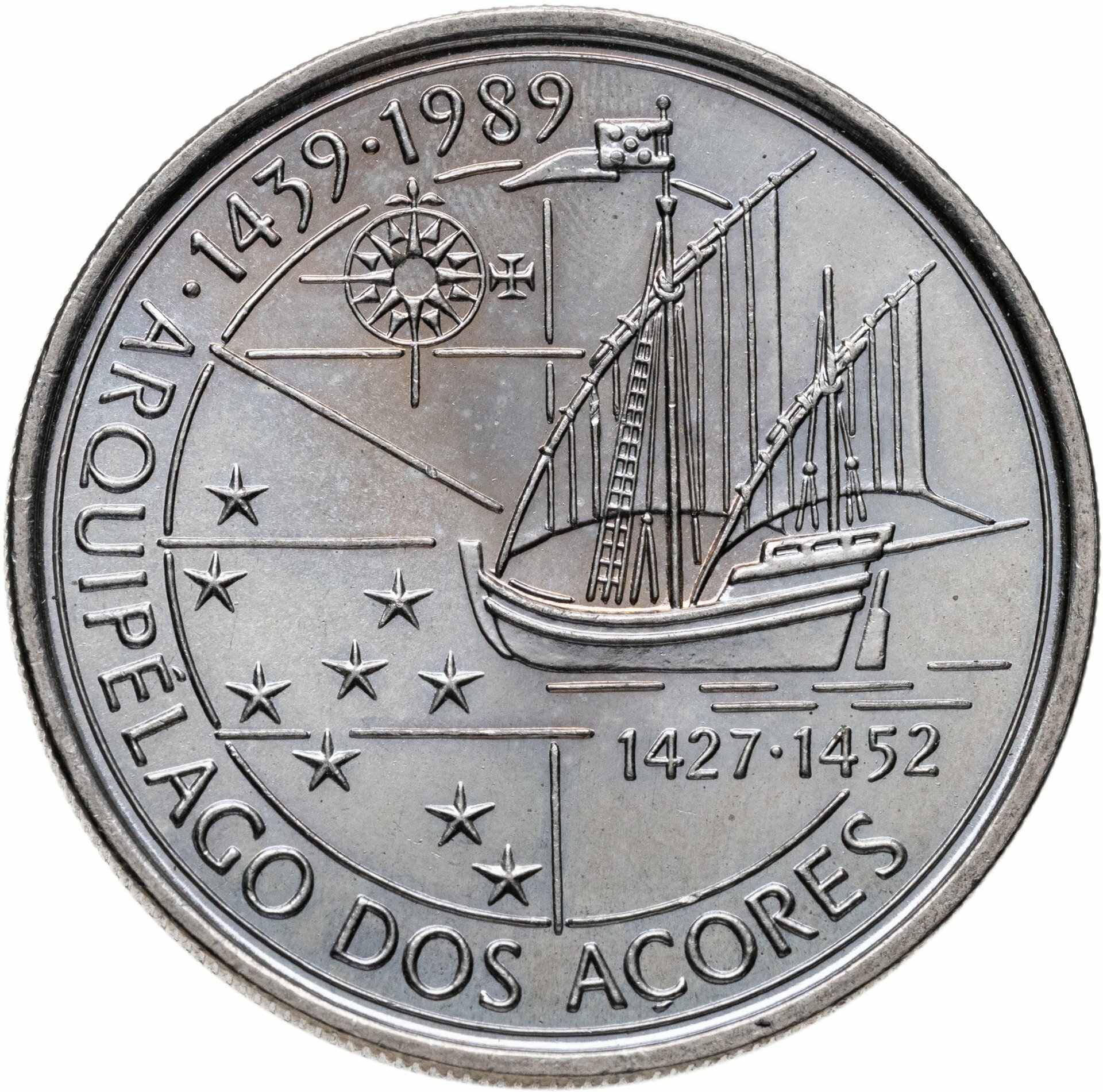 Португалия 100 эскудо 1989 "450-летие открытия Азорских островов в 1439 году", Мельхиор медь-никель, в сохранности UNC