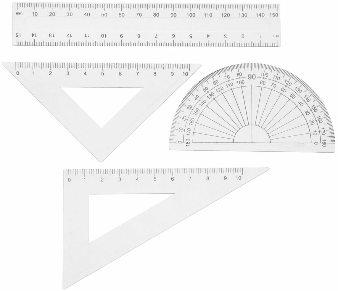 Набор пластиковый чертежный: линейка 15 см, 2 треугольниа и транспортир, комплект линеек прозрачный из 4 предметов