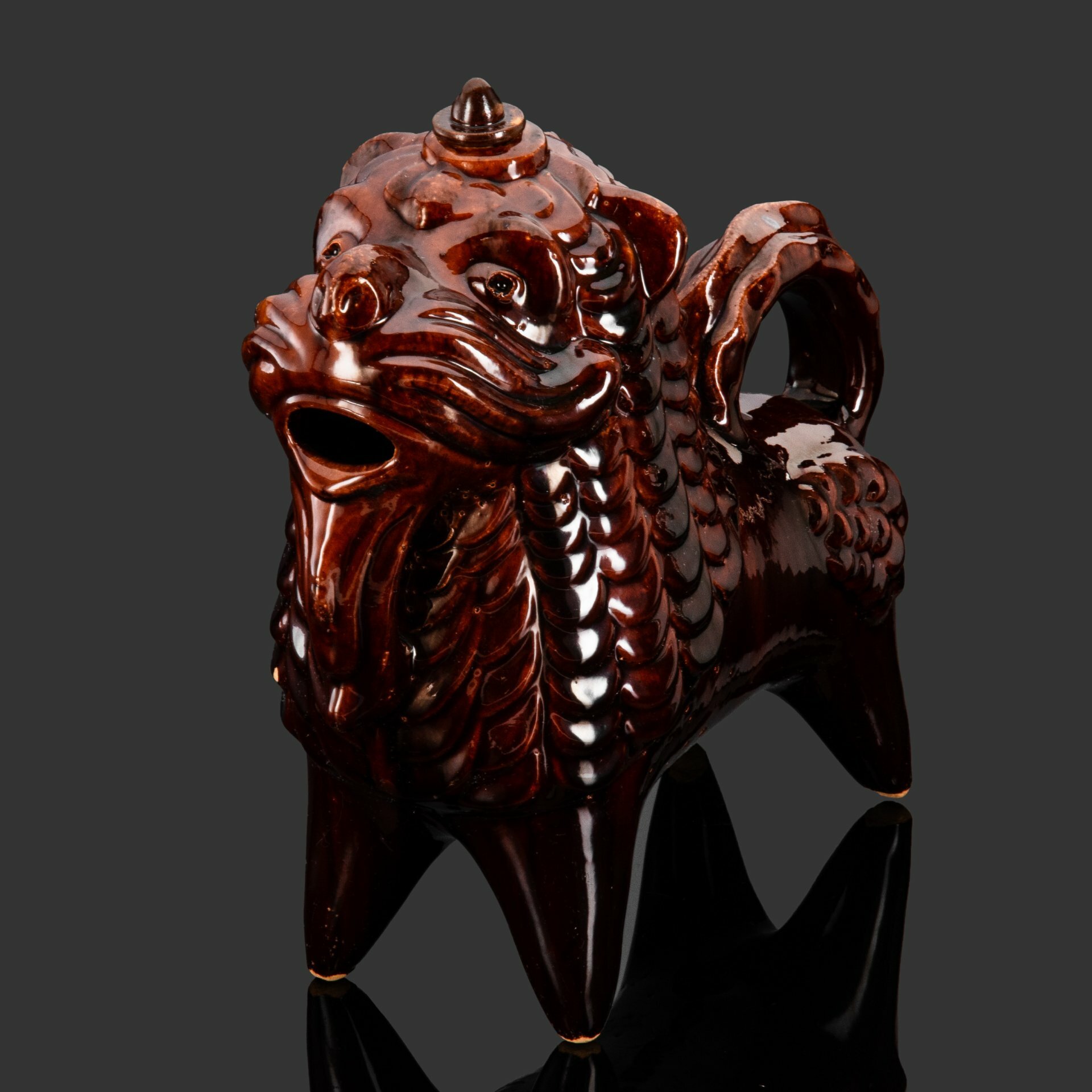 Зооморфный сосуд (кувшин, лембик) "Лев", керамика, поливы, Опошня, СССР, 1960-1980 гг.