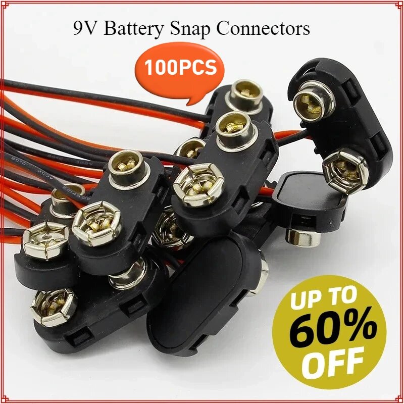 100 шт, 9 В, защелкивающийся разъем для аккумулятора, зажим для проводов, красный проводной 9-вольтовый зажим для аккумулятора, держатель батареи для Arduino