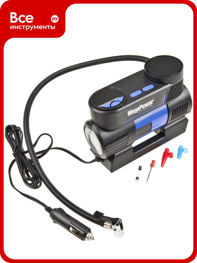Поршневой компрессор MEGAPOWER 150PSI 20 л/мин, цифровой манометр, автоматический фиксатор давления, 12A, 12V, с LED-фонарём M-53017