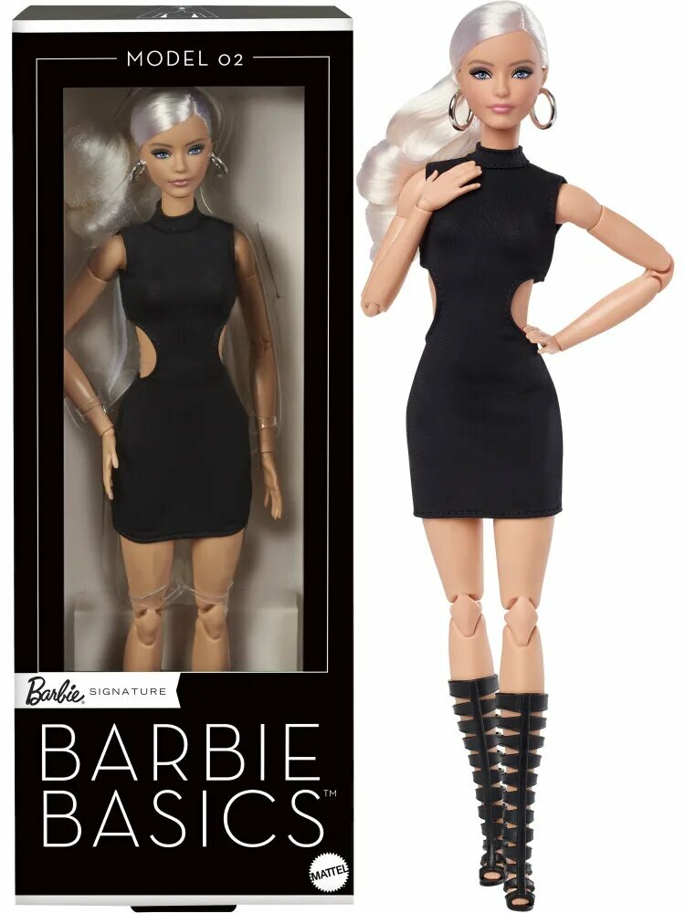 Коллекционная кукла Barbie Basics, модель 02 со светлыми волосами в черном платье и гладиаторских сапогах