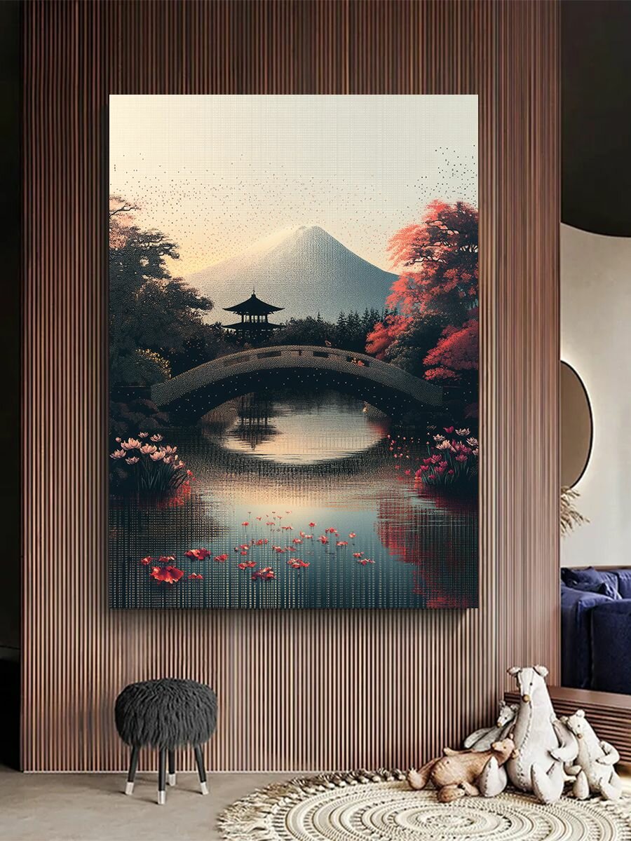 Картина интерьерная - "Пейзаж в японском стиле / гора Фудзи и сакура" , 40х60 см.