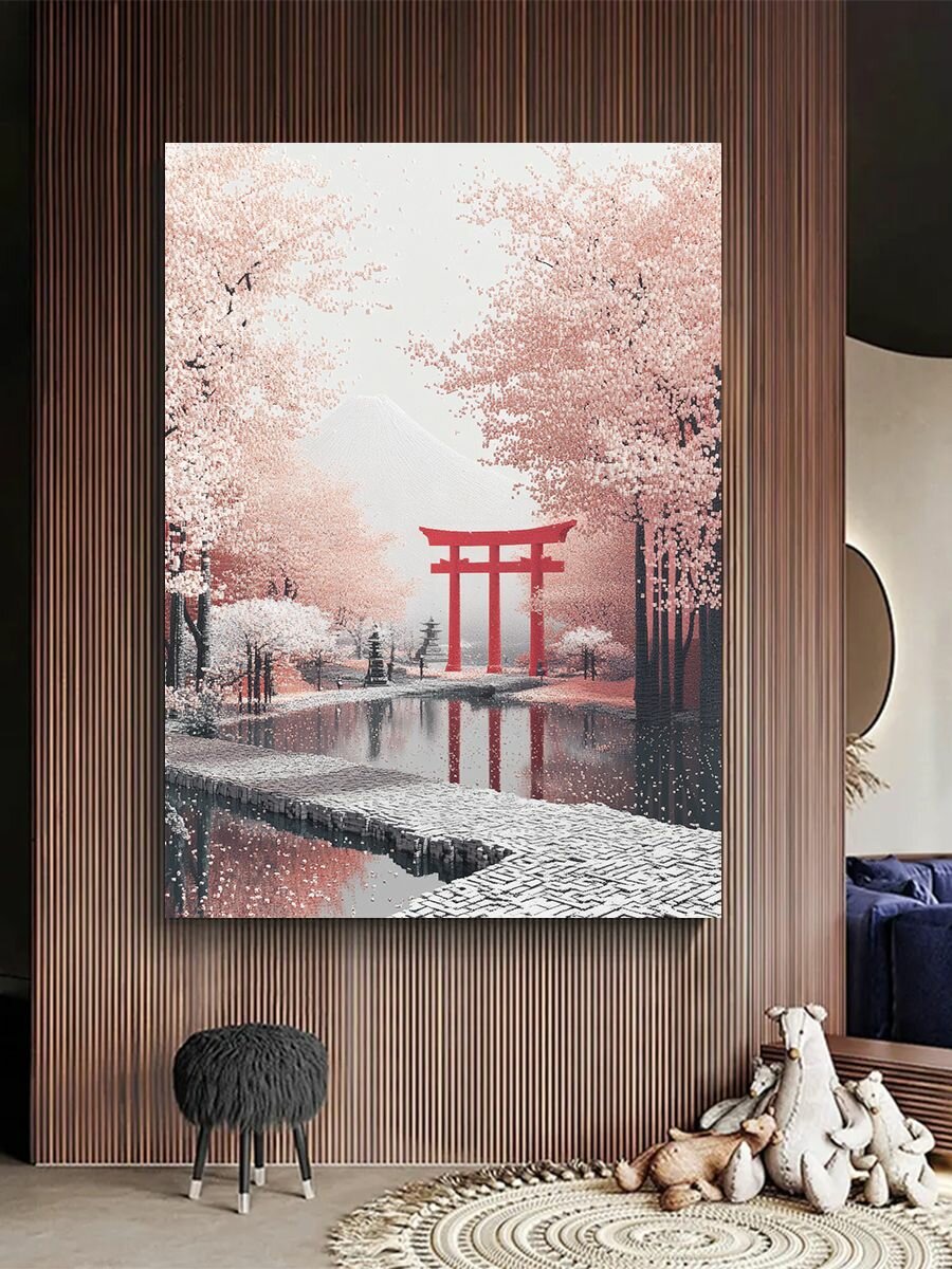Картина на стену для интерьера - "Пейзаж в японском стиле / гора Фудзи и сакура" , 20х30 см.