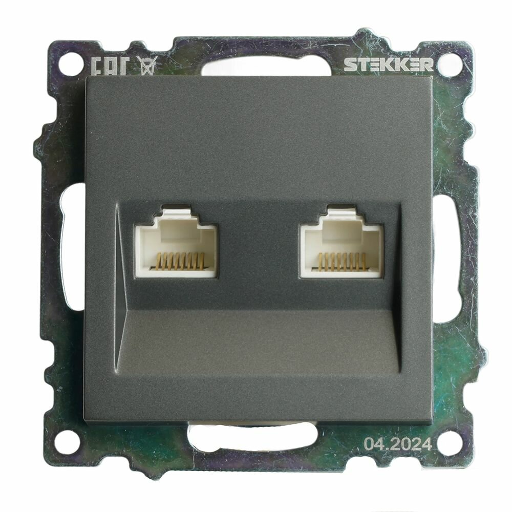 Интернет-розетка 2-местная встраиваемая RJ-45 (механизм), графит грифель, Катрин Stekker GLS00-7109-06 50008