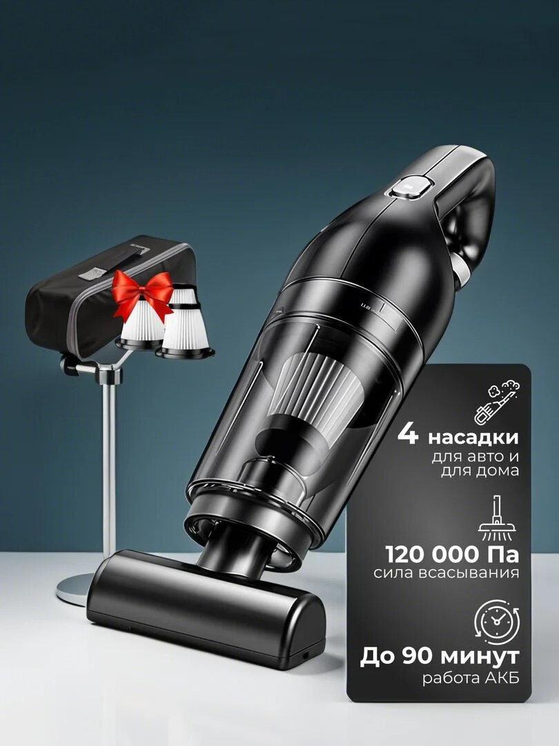 Пылесос автомобильный беспроводной аккумуляторный с насадками, сменными фильтрами и чехлом