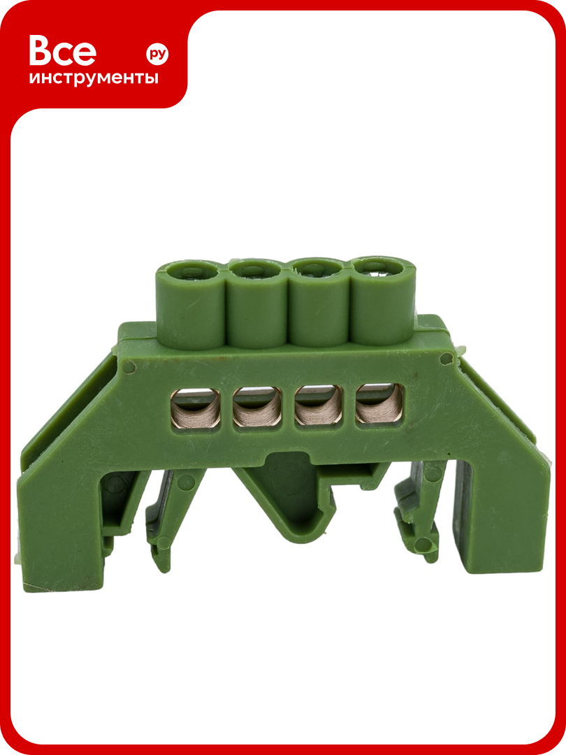 Шина, PE, PE земля в комбинированном зеленом изоляторе на DIN-рейку REXANT 6x9 мм 4 группы 11-2305, латунной шины