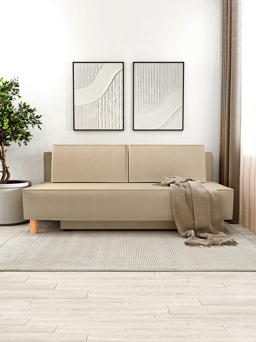 Диван Пума Beige, еврокнижка без подлокотников, велюр, пружинный блок, 200x96x82 см