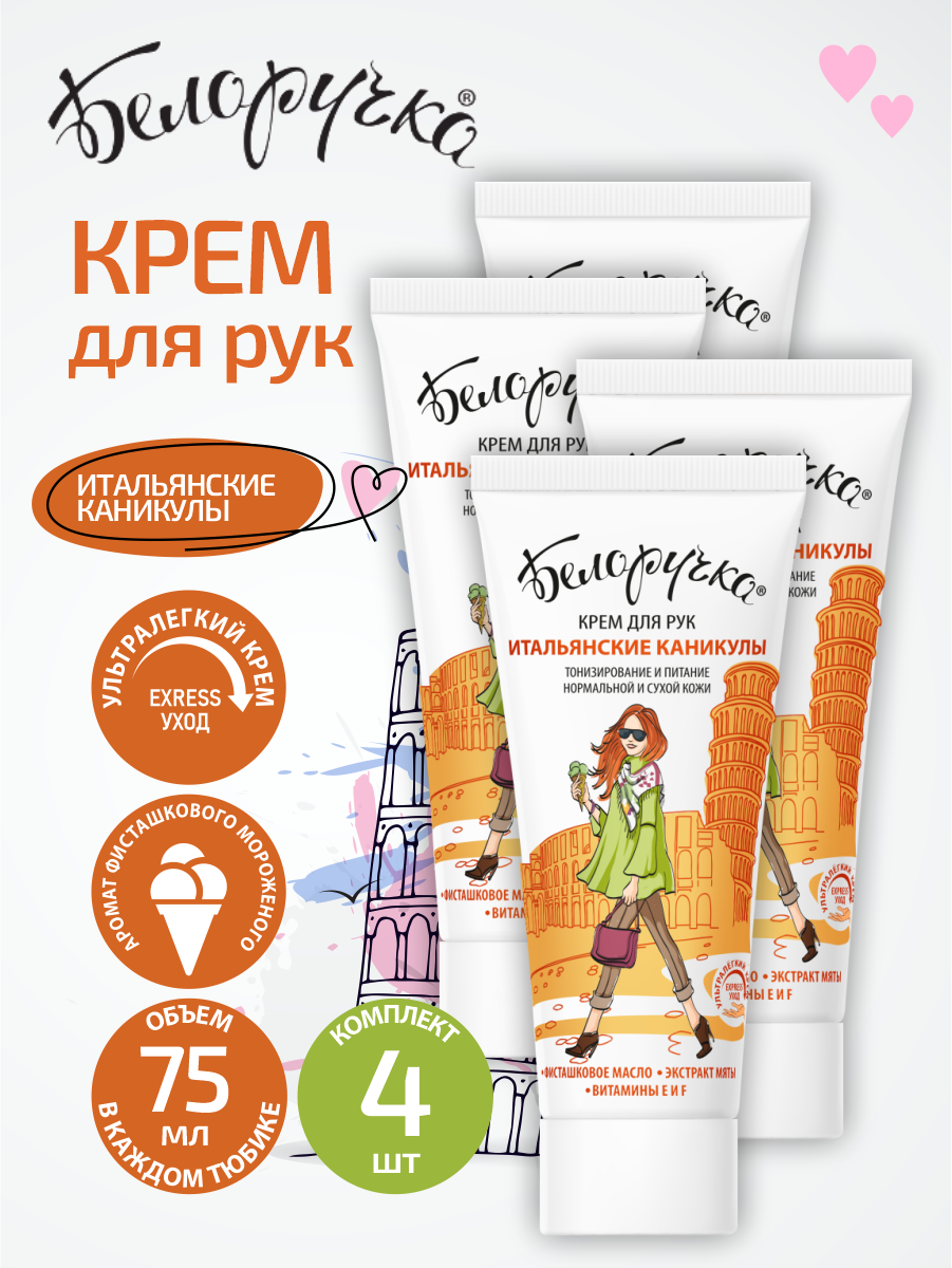 Белоручка Крем для рук Итальянские каникулы 75 мл. х 4 шт.