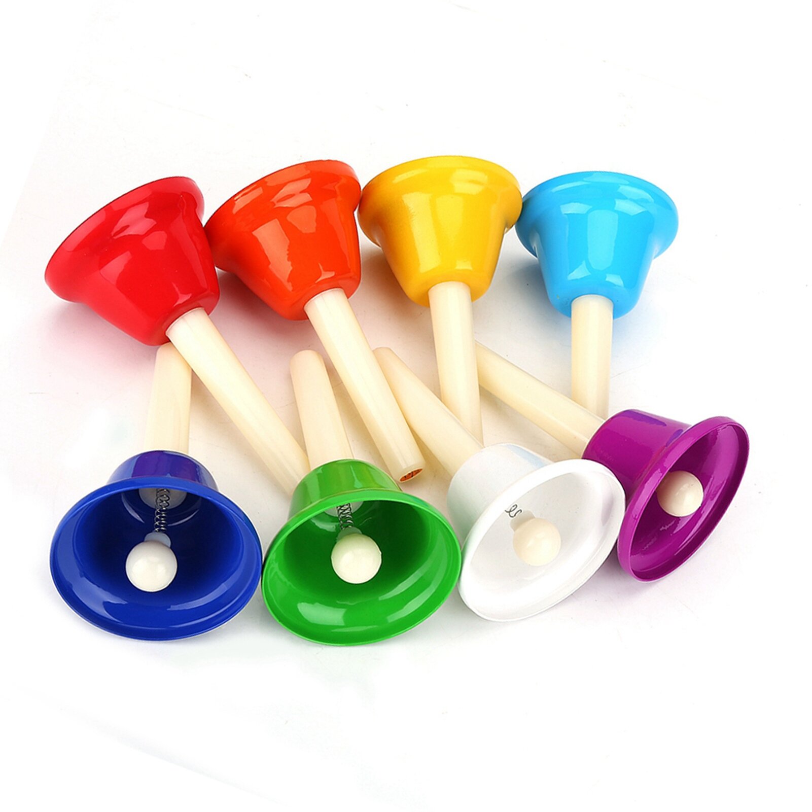 Набор из 8 колокольчиков ручных металлических с нотами для детей, музыкальный инструмент, 8 штук в наборе, металл, размер каждого колокольчика L x Диаметр около 13.8 x 7.3 см, вес около 700 г, ноты C мажор: C, D, E, F, G, A, B, C