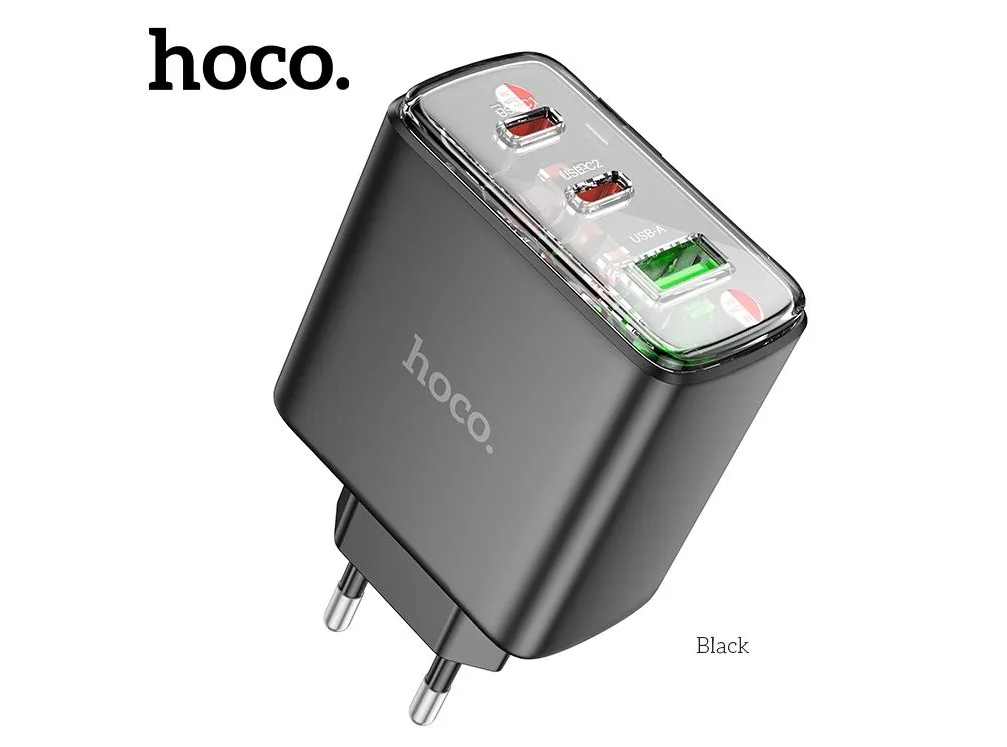 Сетевой блок питания HOCO CS44A, 1 USB + 2 Type-C выхода, 5V, 3.0A, PD 65Вт, цвет: чёрный.