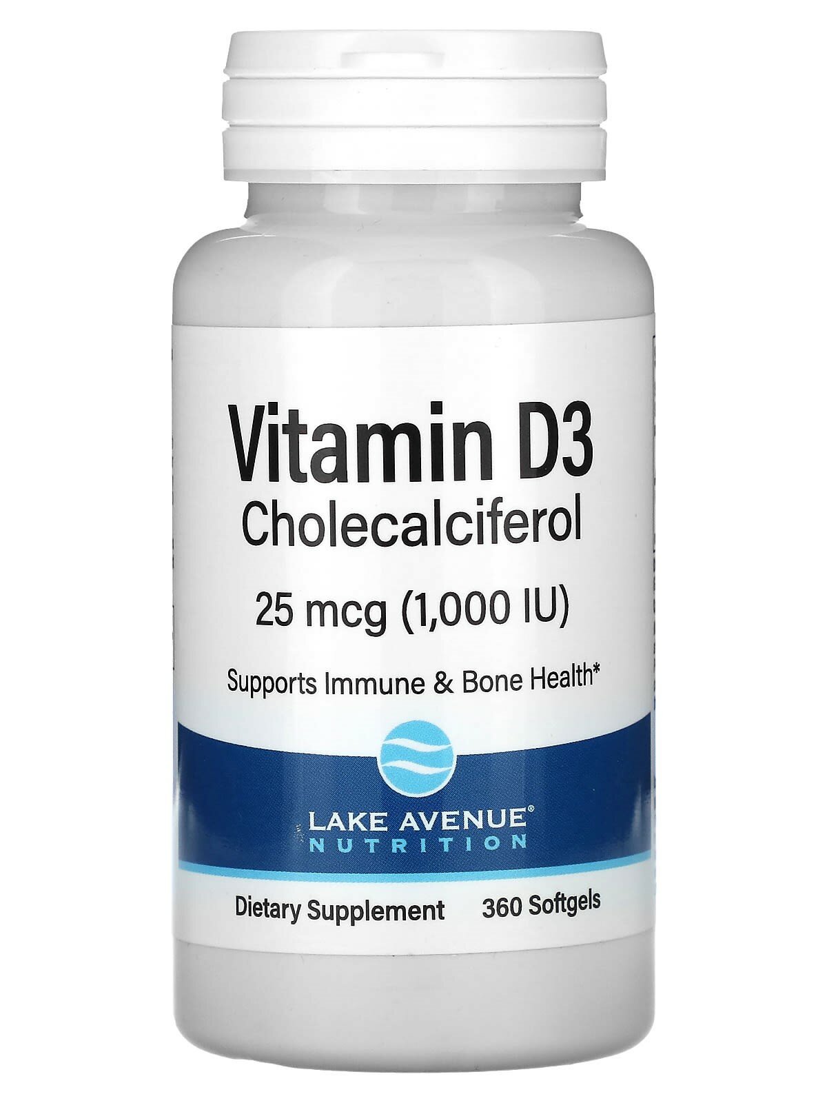 Витамин D3, 25 мкг (1000 МЕ), 360 капсул, Lake Avenue Nutrition