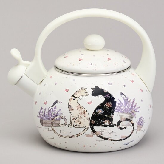 Чайник Agness "lavender cats" эмалированный, со свистком, 2,2 л.