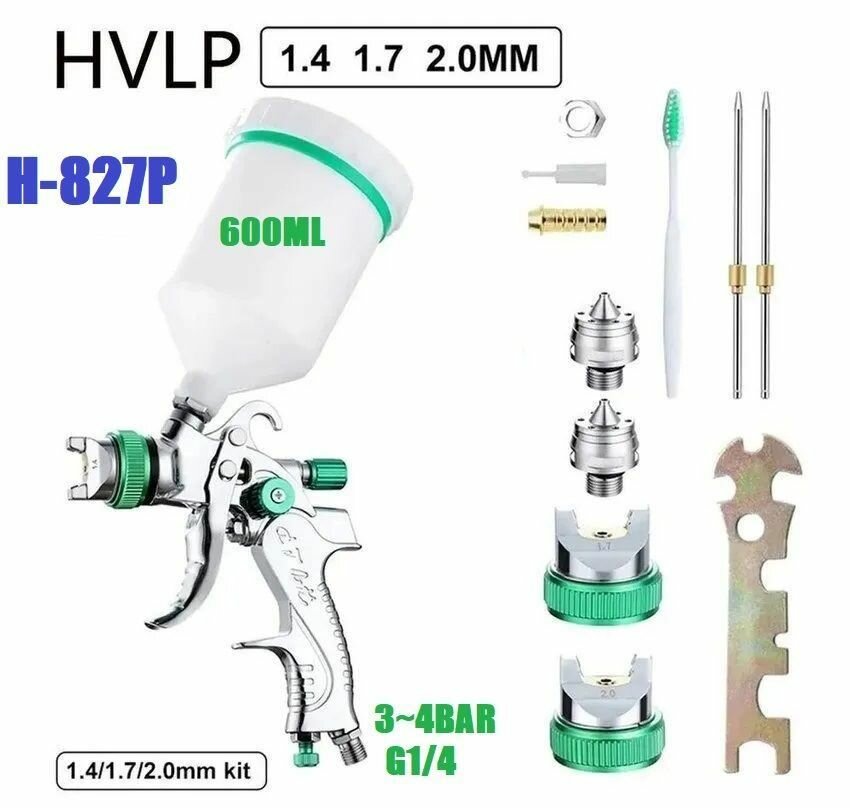 Краскопульт пневматический，Краскопульт, сопла 1.4-2мм, регулировка калибра, зеленый