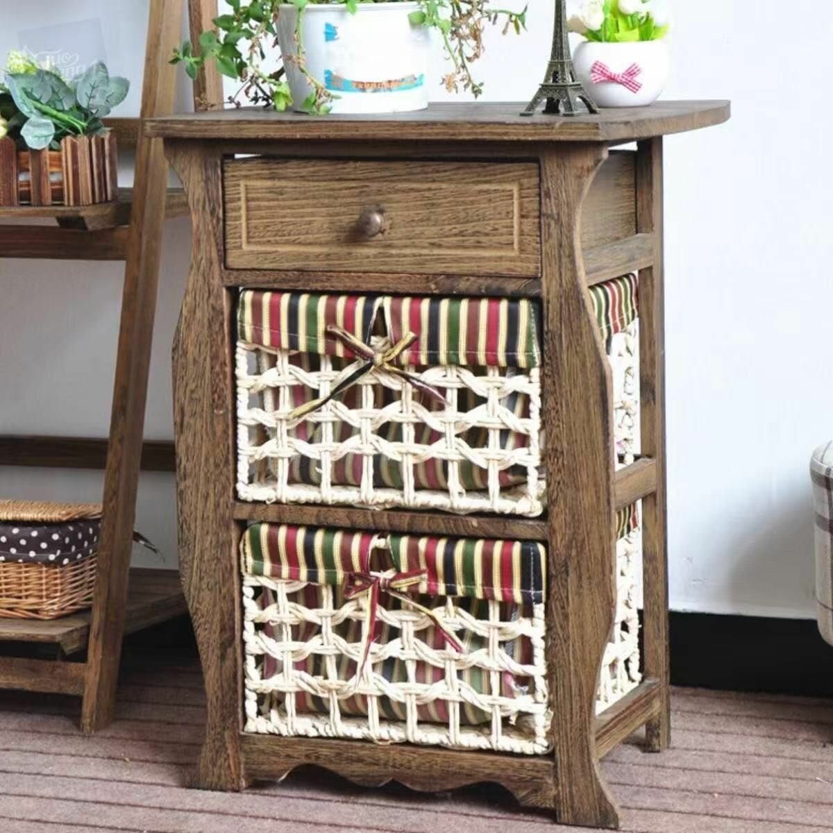Винтажная прикроватная тумбочка с плетёными фасадами деревянный комод для спальни, гостиной и декора